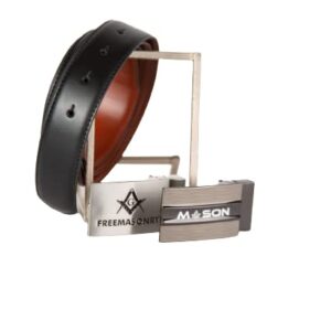 Masonic Men’s Belt - Leather Reversible Belt with Black & Tan Color Options - 2 Buckles for Every Occasion (Freemasonry Symbol & Mason Lettering) - Waist Size 42” & Under - Casual/Formal Men’s Belt