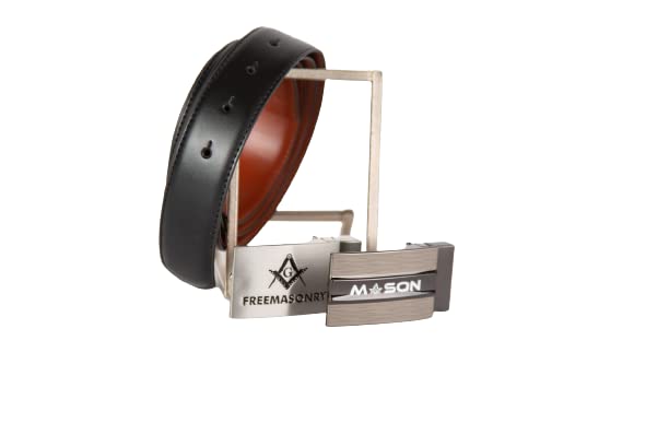 Masonic Men’s Belt - Leather Reversible Belt with Black & Tan Color Options - 2 Buckles for Every Occasion (Freemasonry Symbol & Mason Lettering) - Waist Size 42” & Under - Casual/Formal Men’s Belt