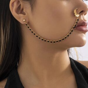 kenjudess vintage black beaded tassel nose ring with chain to ear stud non-pierced septum hoop ring indian belly dance party nose accessories for women and girls (black)