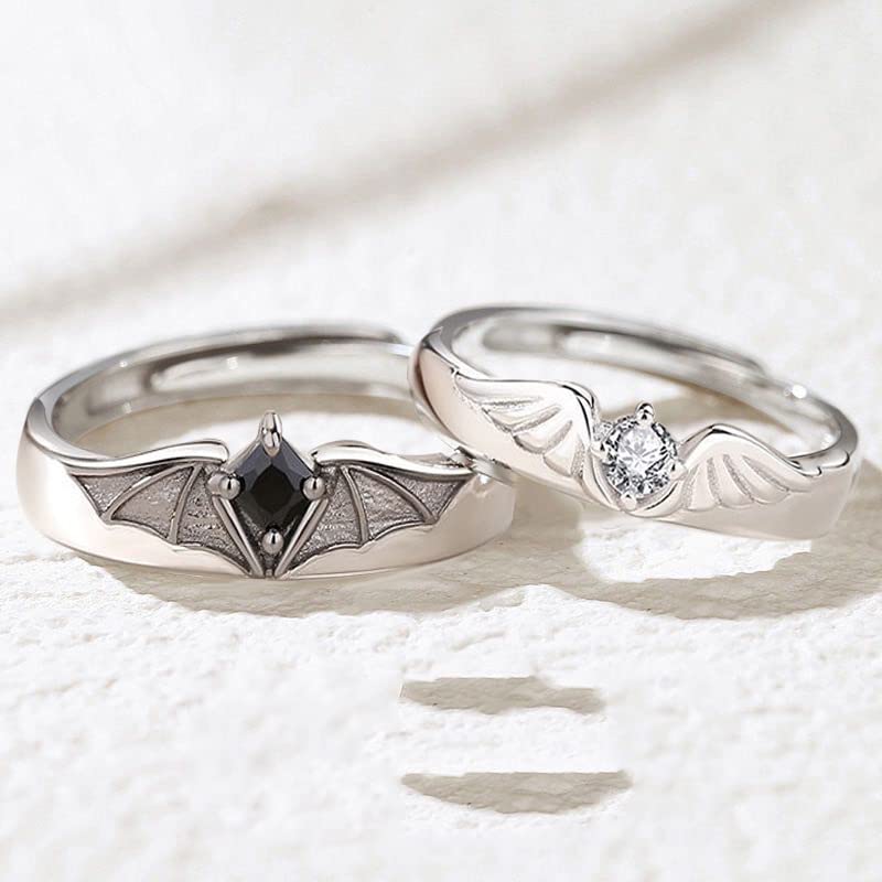 Angel Devil Matching Promise Rings for Couples Sterling Silver Plated Engagement Wedding Ring Open Band Sets for Him and Her Cubic Zirconia Crystal Jewelry Gift for Girlfriend Boyfriend Valentine's