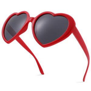 nulooq polarized heart shaped sunglasses for women retro fashion large frame lovely style with uv400 protection (red frame/gray lens)