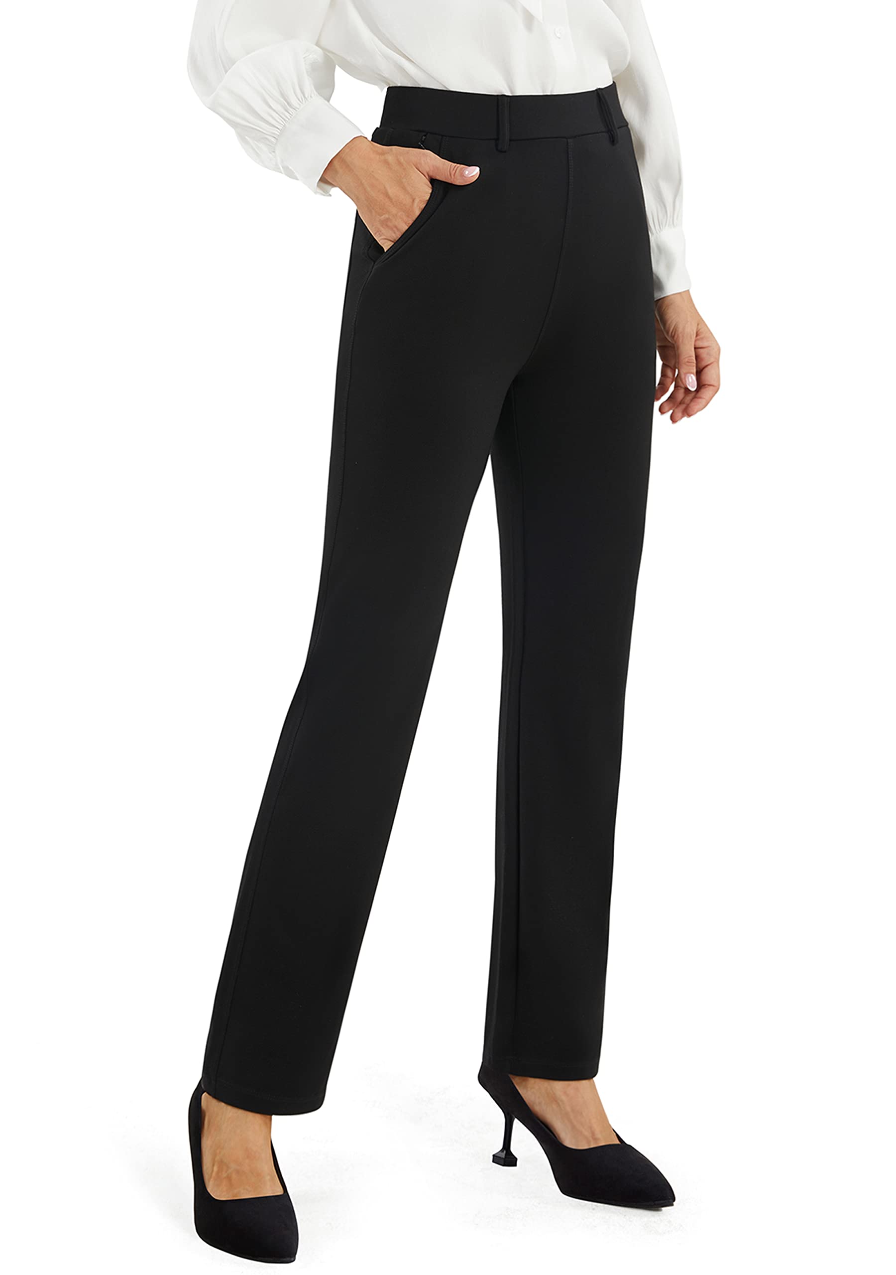 AFITNE Dress Pants for Women Business Casual Stretchy Straight Leg Work Pants Yoga Dress Slacks High Waisted with Pockets Black 31" L