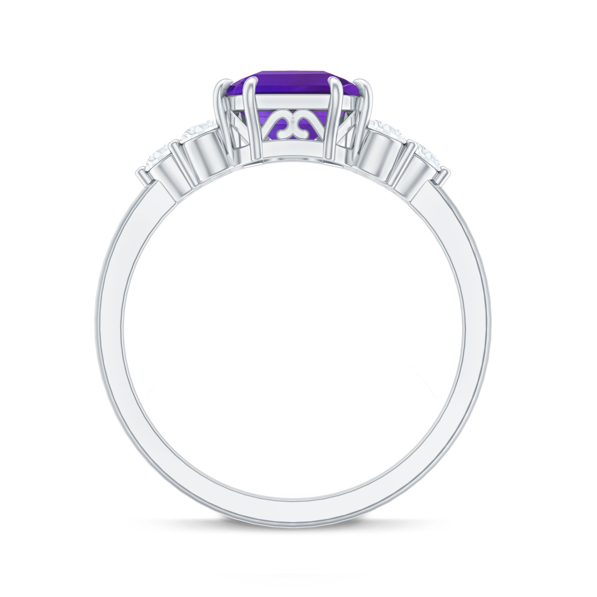 Rosec Jewels Certified Amethyst 8mm Asscher Cut Engagement Ring, AAA Quality, Natural Amethyst Diamond Ring - Ideal For Gift, 14K White Gold, Size:US 7.00