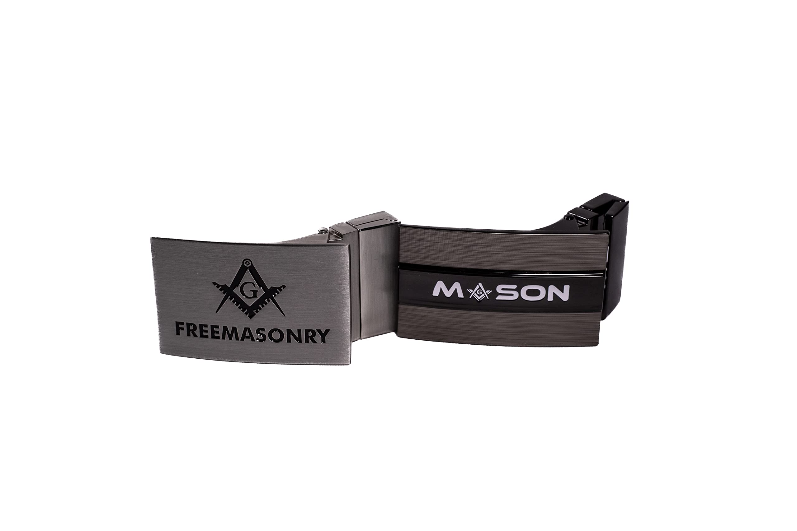 Masonic Men’s Belt - Leather Reversible Belt with Black & Tan Color Options - 2 Buckles for Every Occasion (Freemasonry Symbol & Mason Lettering) - Waist Size 42” & Under - Casual/Formal Men’s Belt