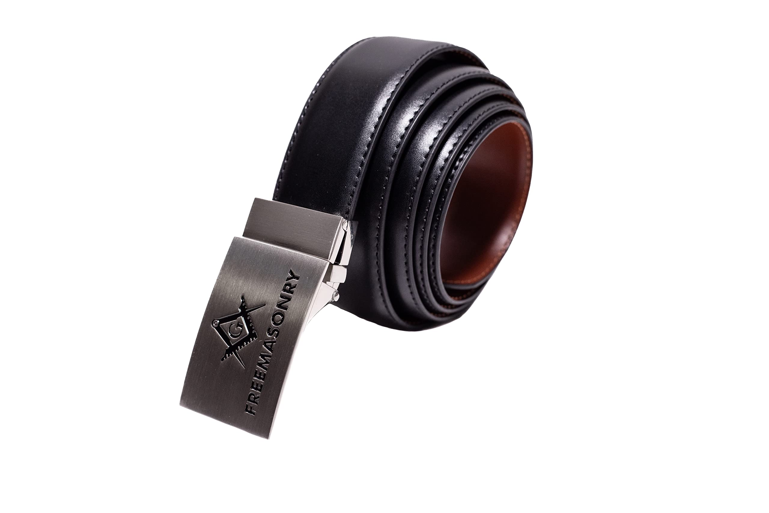 Masonic Men’s Belt - Leather Reversible Belt with Black & Tan Color Options - 2 Buckles for Every Occasion (Freemasonry Symbol & Mason Lettering) - Waist Size 42” & Under - Casual/Formal Men’s Belt