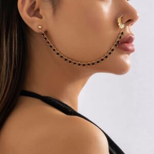 Kenjudess Vintage Black Beaded Tassel Nose Ring with Chain to Ear Stud Non-Pierced Septum Hoop Ring Indian Belly Dance Party Nose Accessories for Women and Girls (Black)