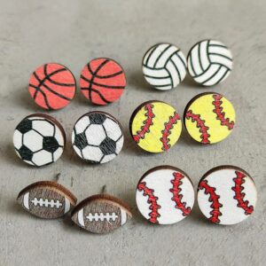 6 Pairs Sport Stud Earrings Cute Basketball Volleyball Baseball Football Rugby Lightweight Wooden Sport Earrings for Women Gift