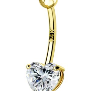 OUFER Gold Belly Button Rings, 14K Solid Gold Heart Shaped Belly Rings, Internally Threaded Belly Button Piercing, Clear CZ Belly Piercing Jewelry, Navel Rings-10MM