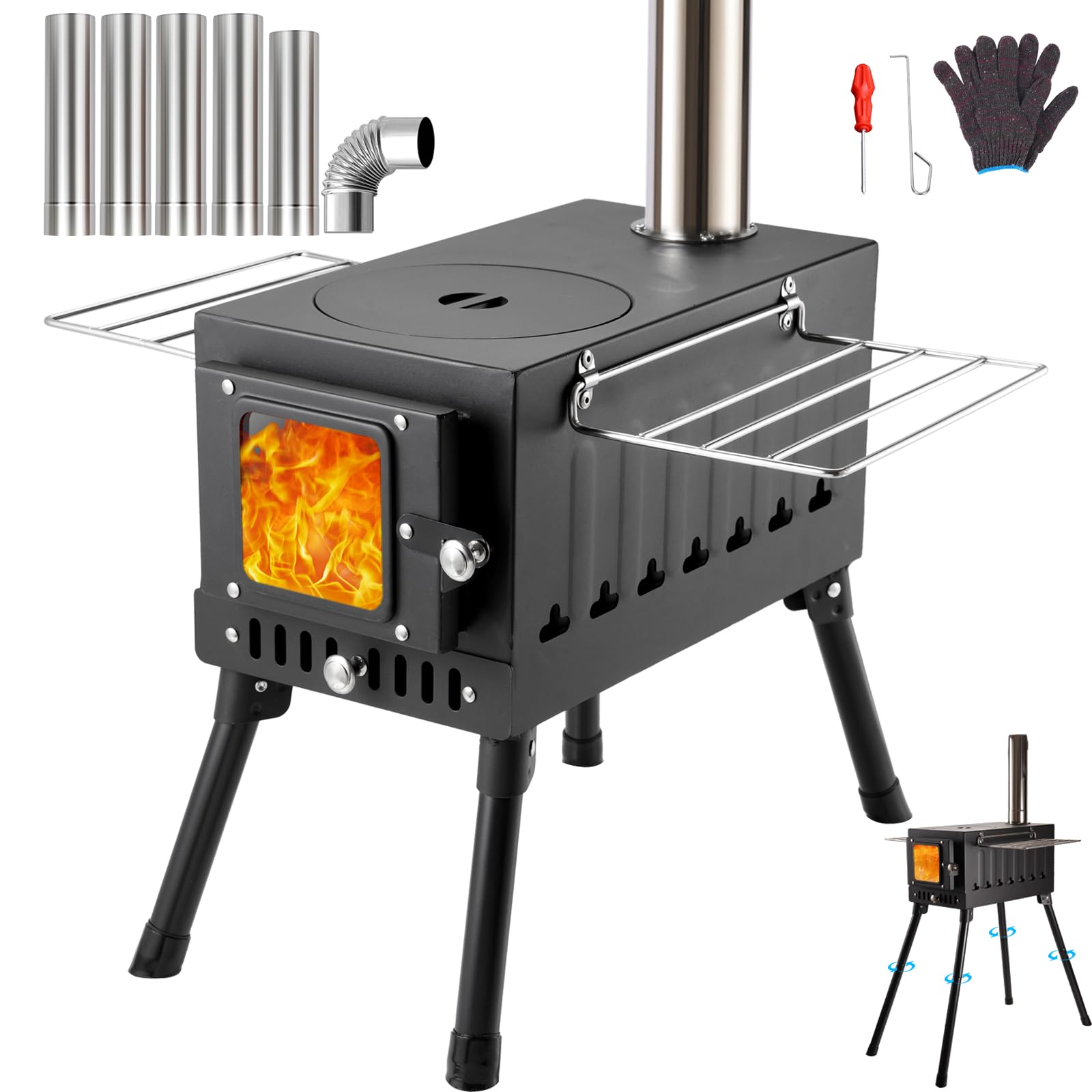 Aomxay Camping Wood Stove, Portable Hot Tent Stove,wood burning stove Double inner wall secondary combustion design with extension feet.For outdoor cooking and heating