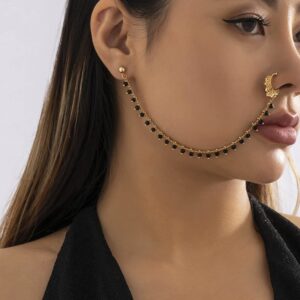 Kenjudess Vintage Black Beaded Tassel Nose Ring with Chain to Ear Stud Non-Pierced Septum Hoop Ring Indian Belly Dance Party Nose Accessories for Women and Girls (Black)