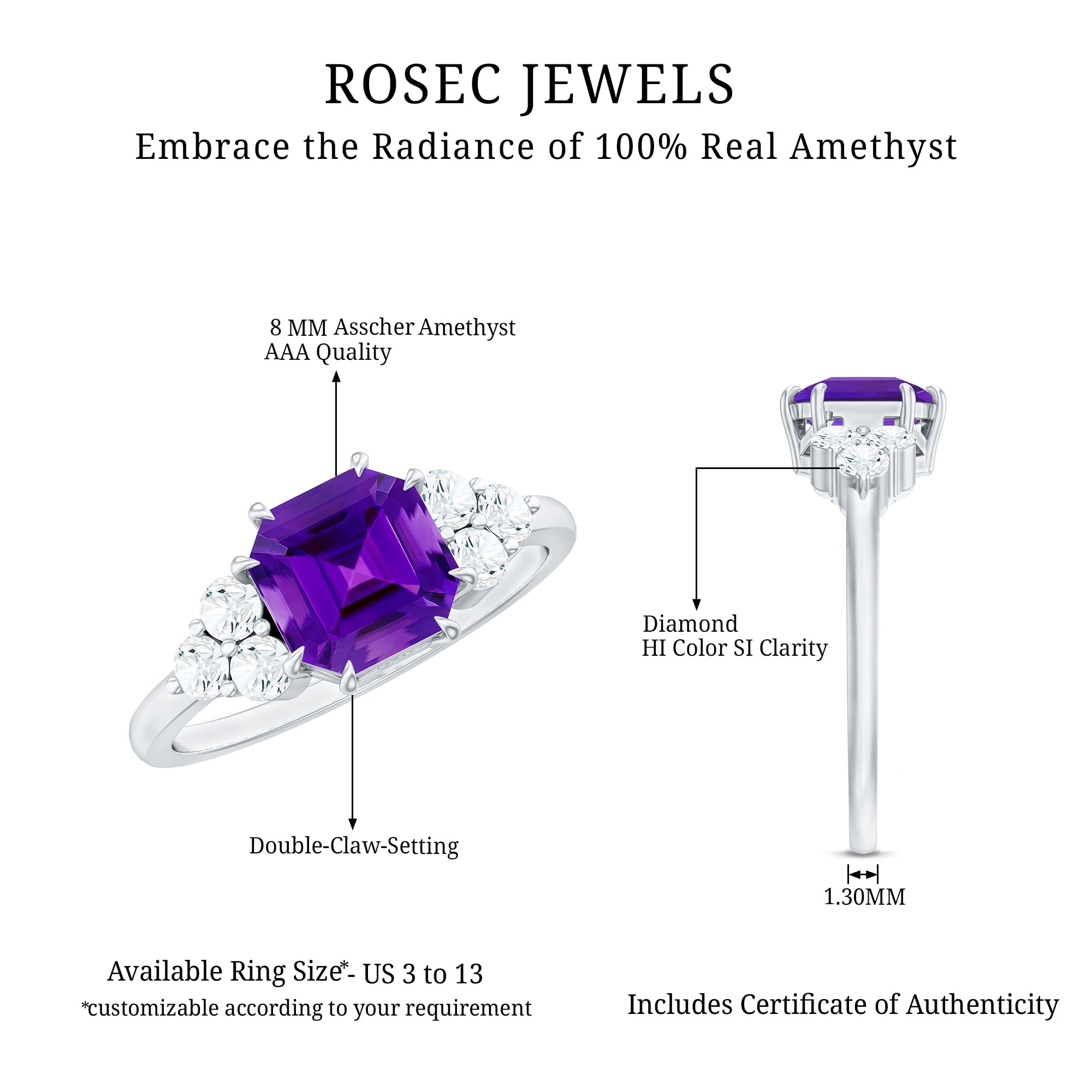 Rosec Jewels Certified Amethyst 8mm Asscher Cut Engagement Ring, AAA Quality, Natural Amethyst Diamond Ring - Ideal For Gift, 14K White Gold, Size:US 7.00