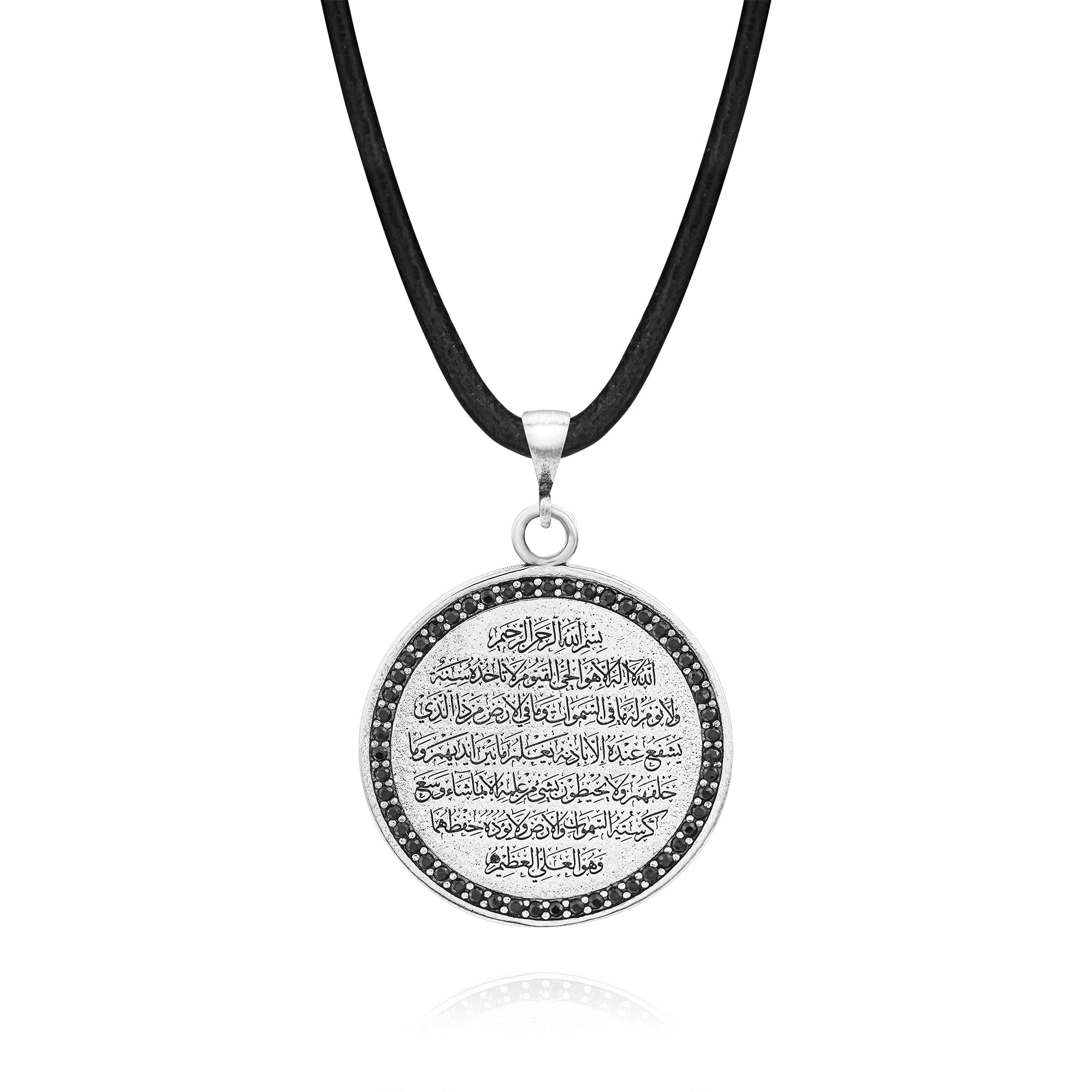 925 Sterling Silver Original Leather Rope Arabic Ayatul Kursi Written Islamic Micro Black Zircon Stone Decorated Handmade Necklace Pendant Accessory Jewelry Prayer Necklace (Leather Rope Length 50 CM)