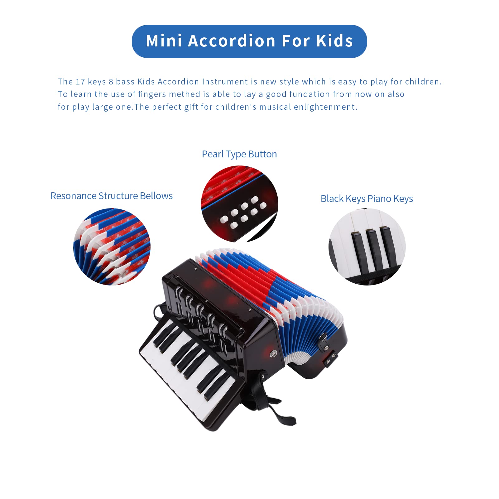 Kids Accordion,17 Key 8 Bass Button Mini Accordion Instrument,Toy Accordion Musical Instrument with Retractable Leather Strap for Child Children Kids Beginners Student Educational