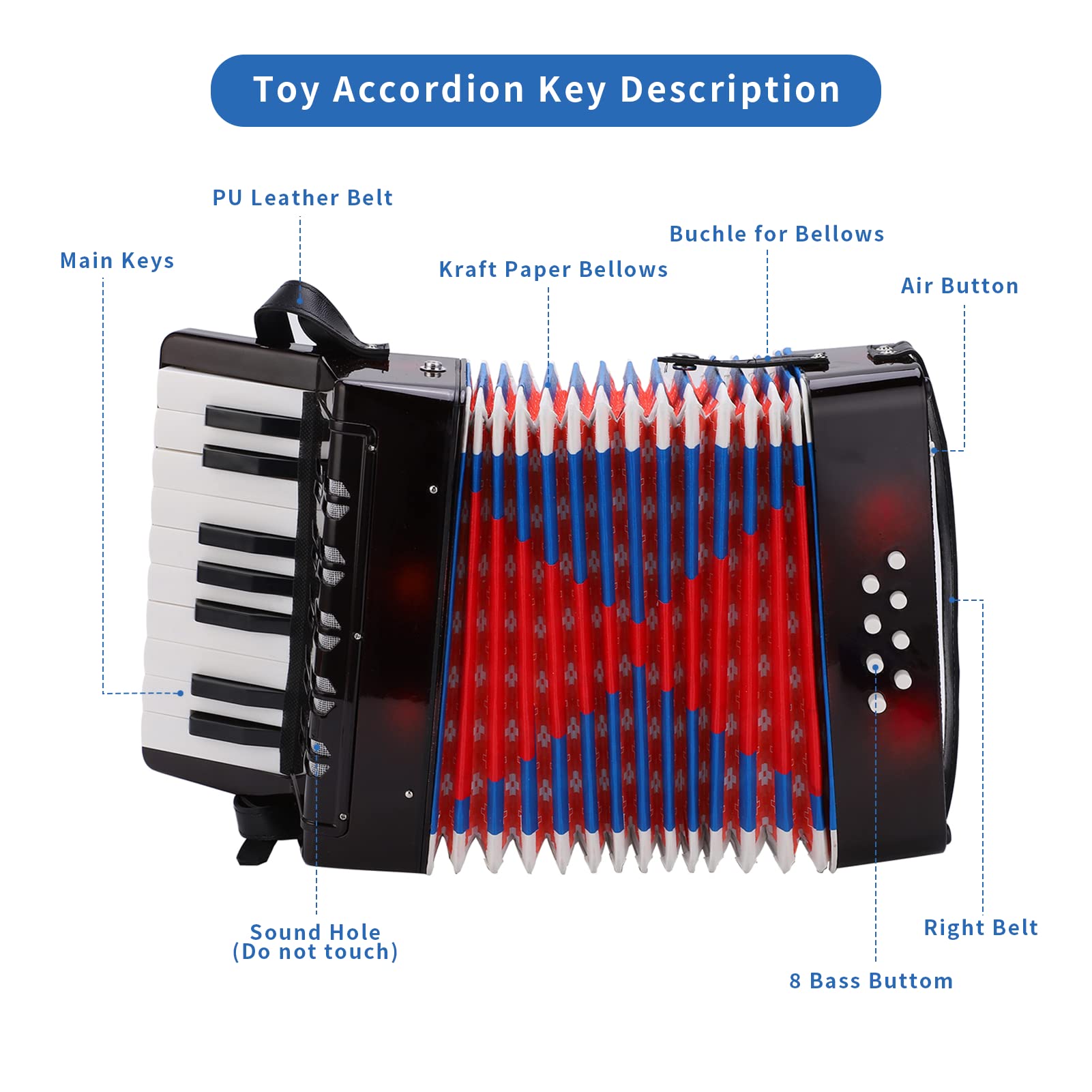 Kids Accordion,17 Key 8 Bass Button Mini Accordion Instrument,Toy Accordion Musical Instrument with Retractable Leather Strap for Child Children Kids Beginners Student Educational