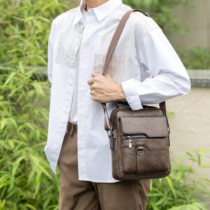 HANGMAI Leather Crossbody Bag for Men Small Messenger Bag Side Shoulder Purse Man Travel Handbag for Office Business Dark Brown