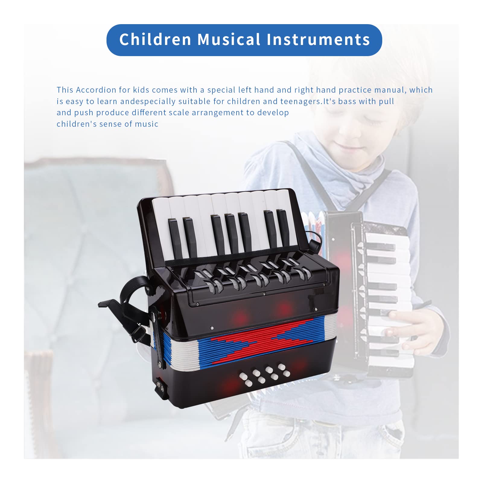 Kids Accordion,17 Key 8 Bass Button Mini Accordion Instrument,Toy Accordion Musical Instrument with Retractable Leather Strap for Child Children Kids Beginners Student Educational