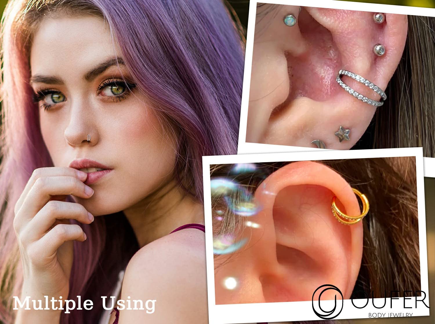 OUFER Nose Rings Hoops, 20G G23 Solid Titanium Nose Piercings, Double Row Diamonds Hoop Nose Ring, Double Nose Ring for Single Piercing, Conch Helix Daith Lip Piercing Jewelry-Silver 8MM