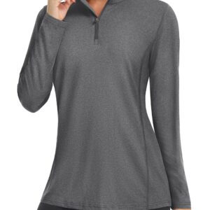 MAGCOMSEN Quarter Zip Women Long Sleeve Sun Shirts UV Protection Collared Golf Shirt Hiking Athletic Tops Dark Grey L