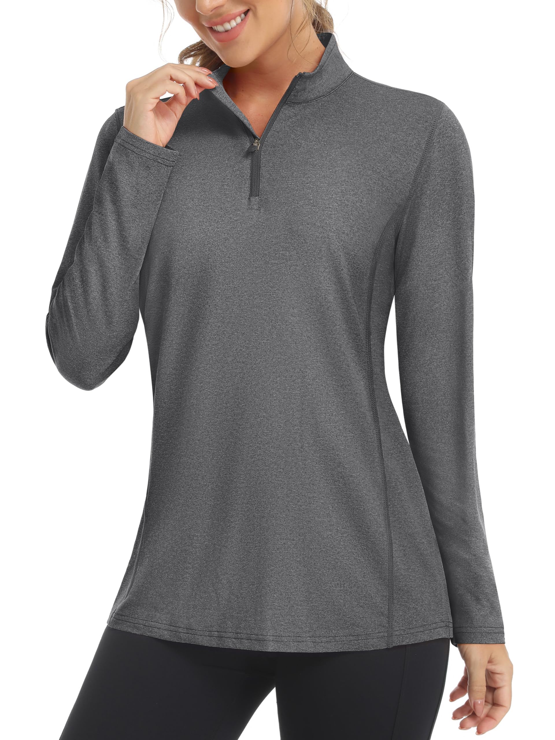 MAGCOMSEN Quarter Zip Women Long Sleeve Sun Shirts UV Protection Collared Golf Shirt Hiking Athletic Tops Dark Grey L