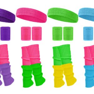 Women 80s Leg Warmers Set Ribbed Leg Warmer for Neon Party with 4 Sets Fitness Headband Wristbands for Yoga Sport (Bright Color)