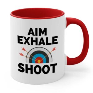 bubble hugs archery 2tone red mug 11oz - aim exhale shoot - archery trainer bowfishing deer shooting target shot