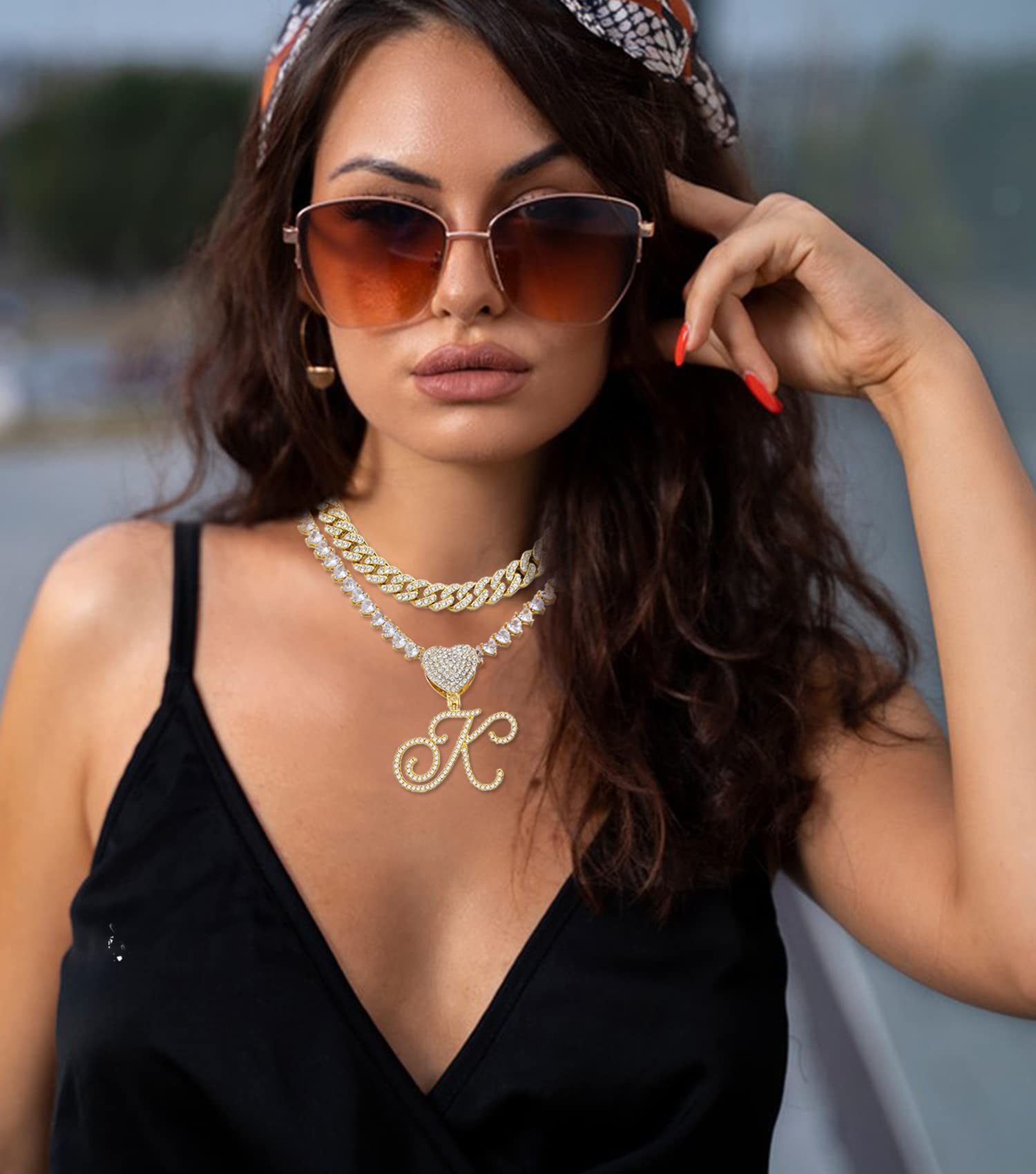 KOHOTA Gold Cuban Link Chain for Women Cursive Initial Pendant Necklace Layered Heart Shaped Zirconia Iced Out Chain Bling Necklace 24K Gold Plated Luxury Hip Hop Jewelry