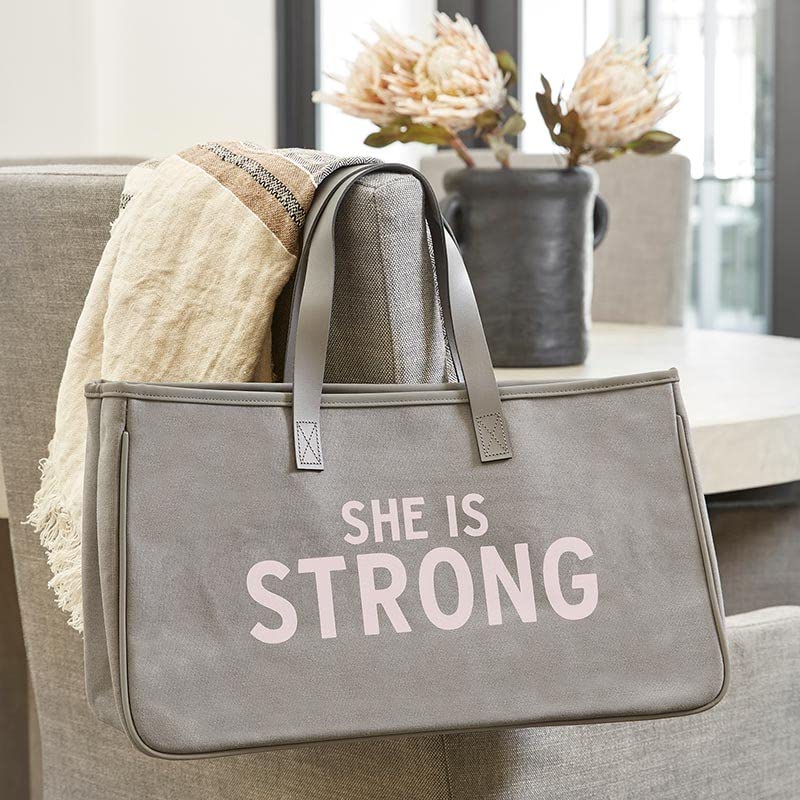 Creative Brands Faithworks-Inspirational Large Canvas and Leather Tote Bag, 20 x 11-Inch, She is Strong