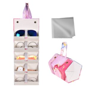 MEGREZ 5 Slots Sunglasses Organizer Box, PU Leather Foldable Woman Eyeglass Case Eyeglass Organizer Storage, Multiple Sunglass Holder for Travel with Eyeglasses Cloth, Pink-Marble