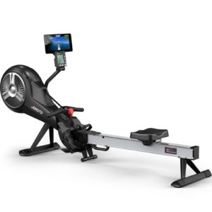 joroto rowing machine, air magnetic foldable rowing machines for home use, rower machine with 49.5" rail, backlit monitor, bluetooth, app supported, tablet holder