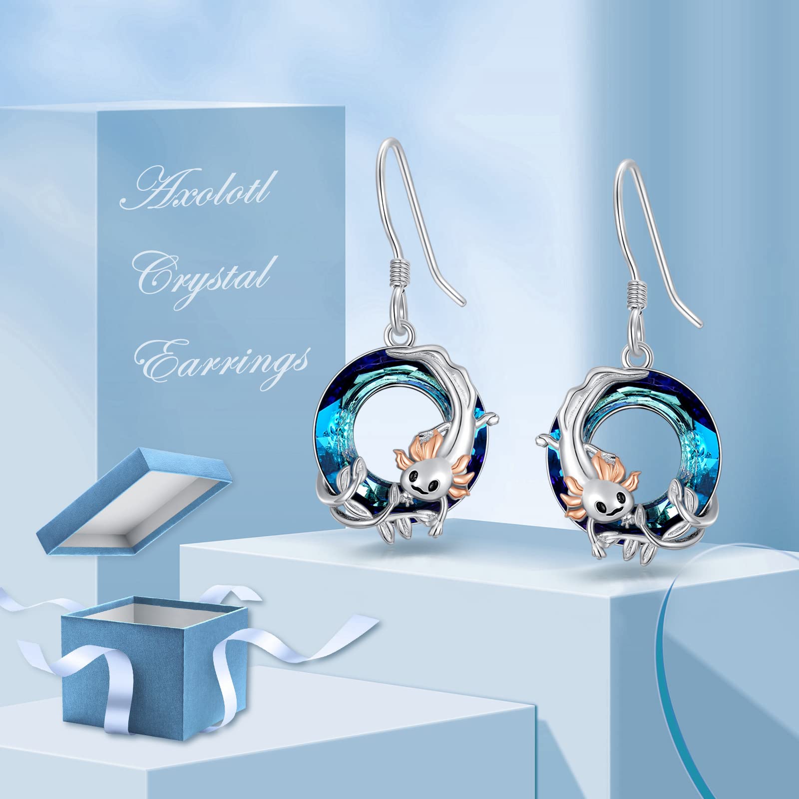 YAFEINI Axolotl Dangling Earrings 925 Sterling Silver Axolotl Blue Crystal Earrings Axolotl Jewelry Gifts for Women