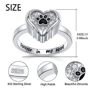 S925 Sterling Silver Paw Angel Wing Love Heart Urn Ring for Ashes Pets Dogs Cats Keepsake Memorial Cremation Jewelry Gifts Women Size 7