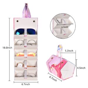 MEGREZ 5 Slots Sunglasses Organizer Box, PU Leather Foldable Woman Eyeglass Case Eyeglass Organizer Storage, Multiple Sunglass Holder for Travel with Eyeglasses Cloth, Pink-Marble