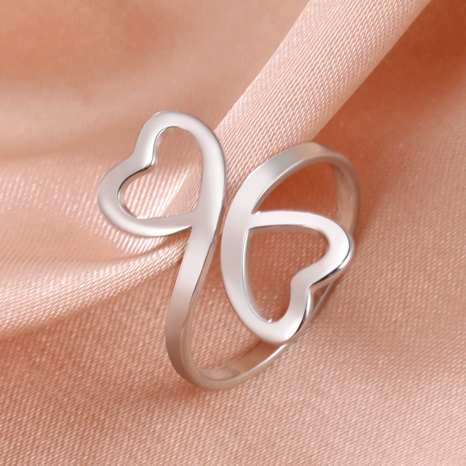 LIKGREAT Heart Ring Adjustable Heart Shaped Ring for Women Double Heart Rings Love Statement Finger Rings (silver, 7)