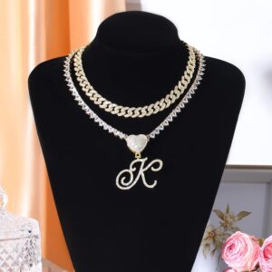 KOHOTA Gold Cuban Link Chain for Women Cursive Initial Pendant Necklace Layered Heart Shaped Zirconia Iced Out Chain Bling Necklace 24K Gold Plated Luxury Hip Hop Jewelry