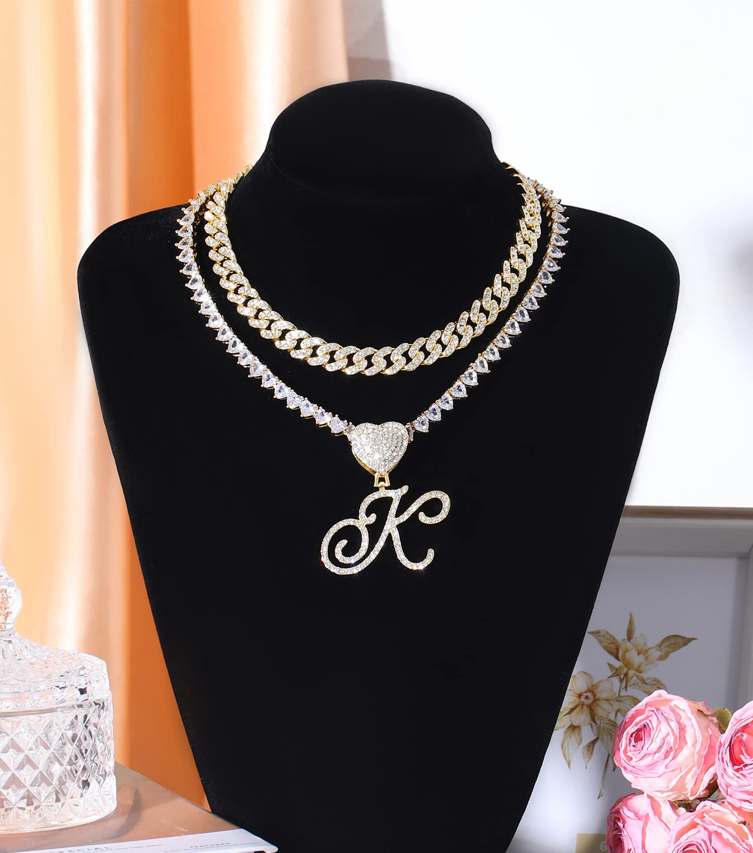 KOHOTA Gold Cuban Link Chain for Women Cursive Initial Pendant Necklace Layered Heart Shaped Zirconia Iced Out Chain Bling Necklace 24K Gold Plated Luxury Hip Hop Jewelry