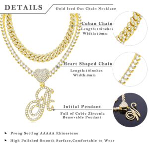 KOHOTA Gold Cuban Link Chain for Women Cursive Initial Pendant Necklace Layered Heart Shaped Zirconia Iced Out Chain Bling Necklace 24K Gold Plated Luxury Hip Hop Jewelry