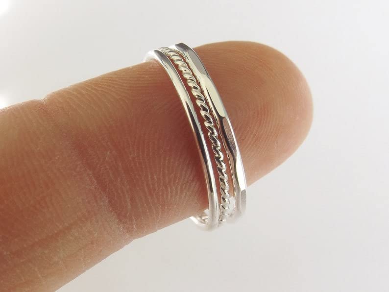 Silver Stacking Ring, 925 Sterling Silver Ring, Rope Tone Ring, Round Silver Tone Ring, Hammered Tone Ring, Silver Band Ring, 3 Wire Set Handmade Ring, Statement Ring, Faceted Ring