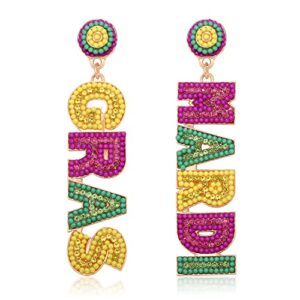 Mardi Gras Earrings for Women, Beaded Dangle Earrings Statement Carnival Earrings, Mardi Gras Accessory for Party Favors, Fat Tuesday Celebrations, Mardi Gras Parades Jewelry Gifts (Letter Mardi Gras)