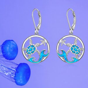 Turtle Earrings for Women Blue Opal Sea Turtle Earrings Dangle Sterling Silver 925 Hawaii Ocean Wave Starfish Jewelry Cute Friendship Mothers Day Christmas Gifts