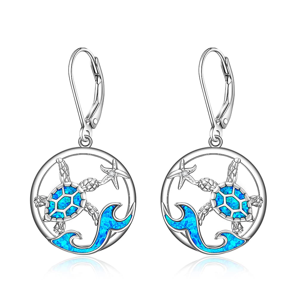 Turtle Earrings for Women Blue Opal Sea Turtle Earrings Dangle Sterling Silver 925 Hawaii Ocean Wave Starfish Jewelry Cute Friendship Mothers Day Christmas Gifts