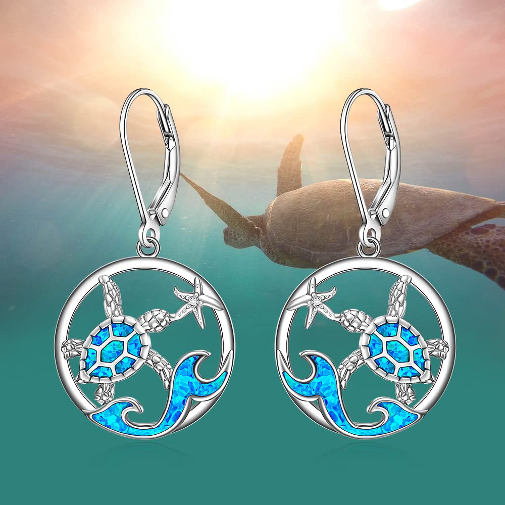 Turtle Earrings for Women Blue Opal Sea Turtle Earrings Dangle Sterling Silver 925 Hawaii Ocean Wave Starfish Jewelry Cute Friendship Mothers Day Christmas Gifts