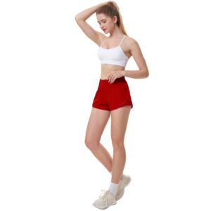 Aurefin High Waisted Athletic Shorts for Women, Womens Plus Size Running Workout Shorts with Liner and Zip Pocket 4 inch Red/M