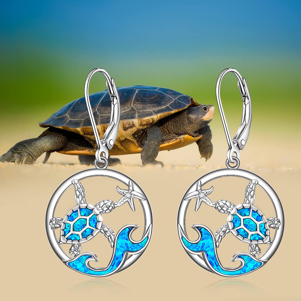 Turtle Earrings for Women Blue Opal Sea Turtle Earrings Dangle Sterling Silver 925 Hawaii Ocean Wave Starfish Jewelry Cute Friendship Mothers Day Christmas Gifts