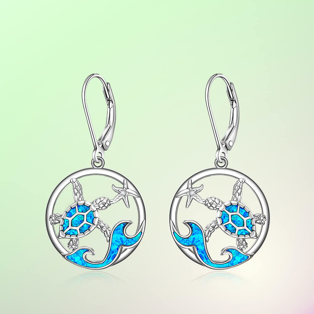 Turtle Earrings for Women Blue Opal Sea Turtle Earrings Dangle Sterling Silver 925 Hawaii Ocean Wave Starfish Jewelry Cute Friendship Mothers Day Christmas Gifts