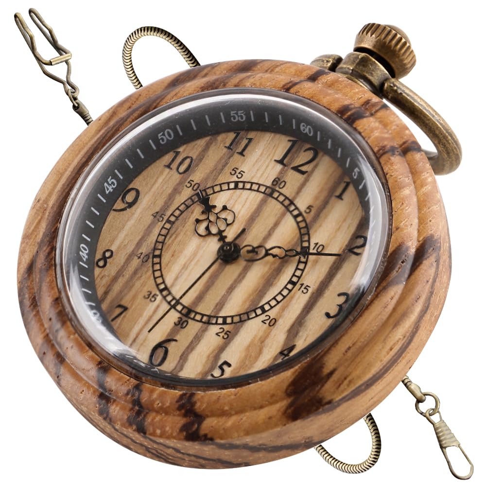 Tiong Dad Gifts for Fathers Day Handmade Bamboo Wooden Pocket Watches for Men with Chain Analog Quartz Gifts for Fathers Day,Birthdays(Brown)