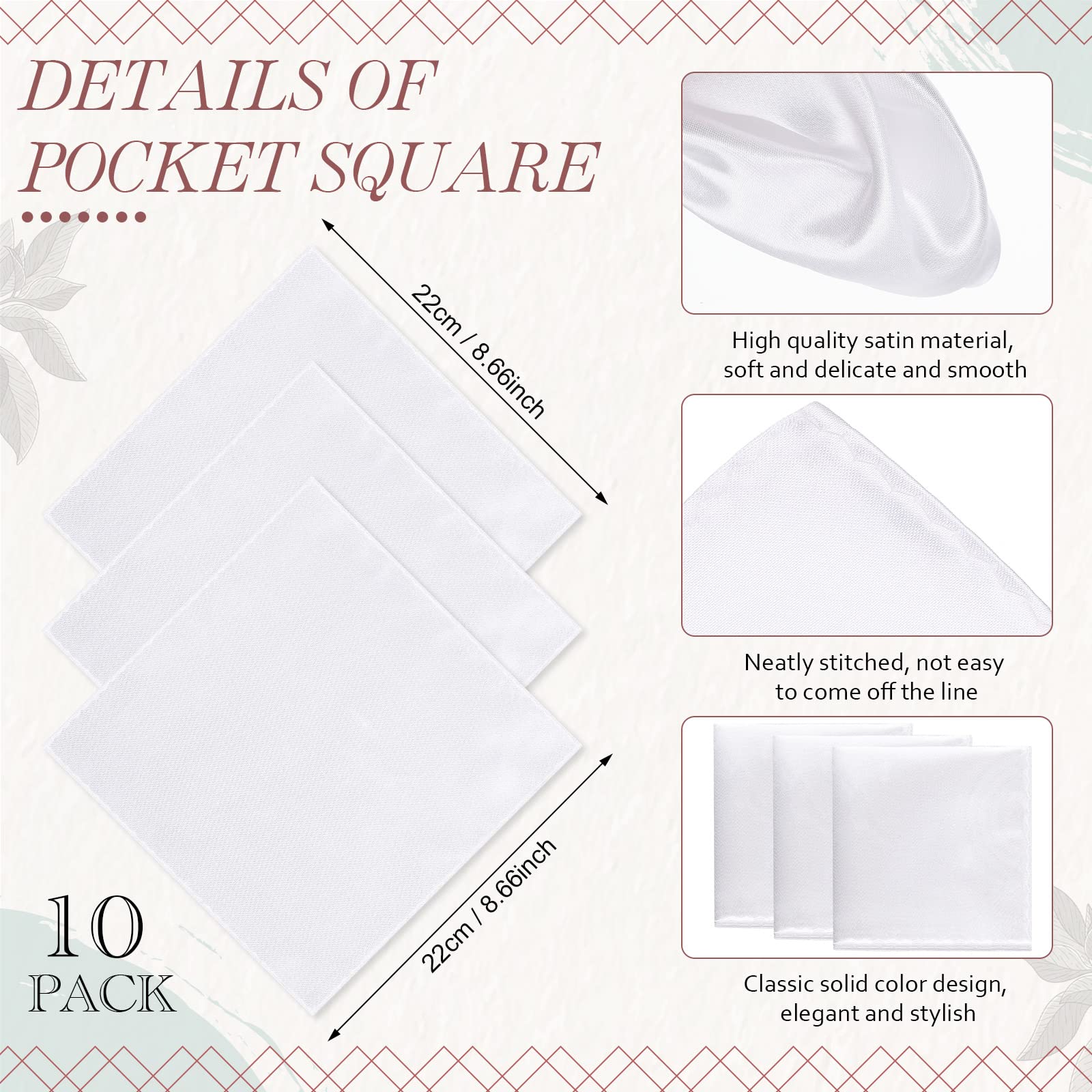 10 Pcs Pocket Squares for Men Silk Pocket Squares Suit Handkerchief for Groomsmen Wedding Party (White)