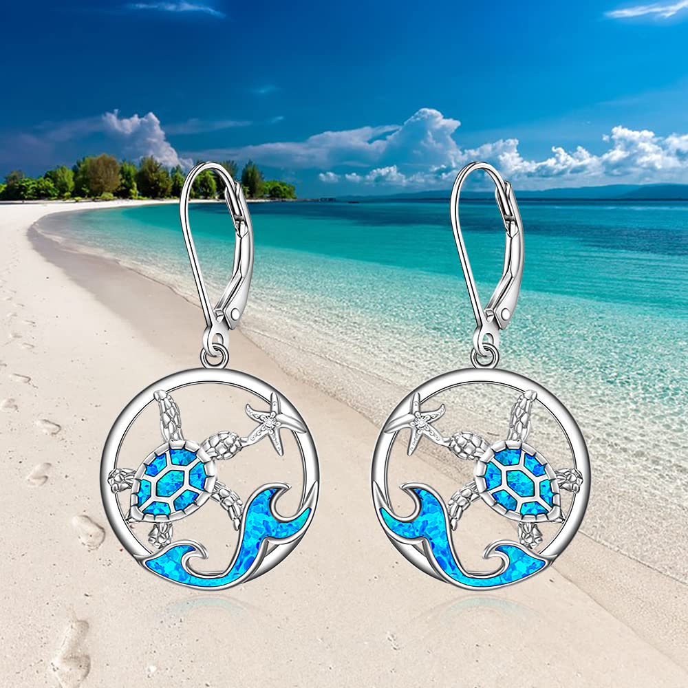 Turtle Earrings for Women Blue Opal Sea Turtle Earrings Dangle Sterling Silver 925 Hawaii Ocean Wave Starfish Jewelry Cute Friendship Mothers Day Christmas Gifts