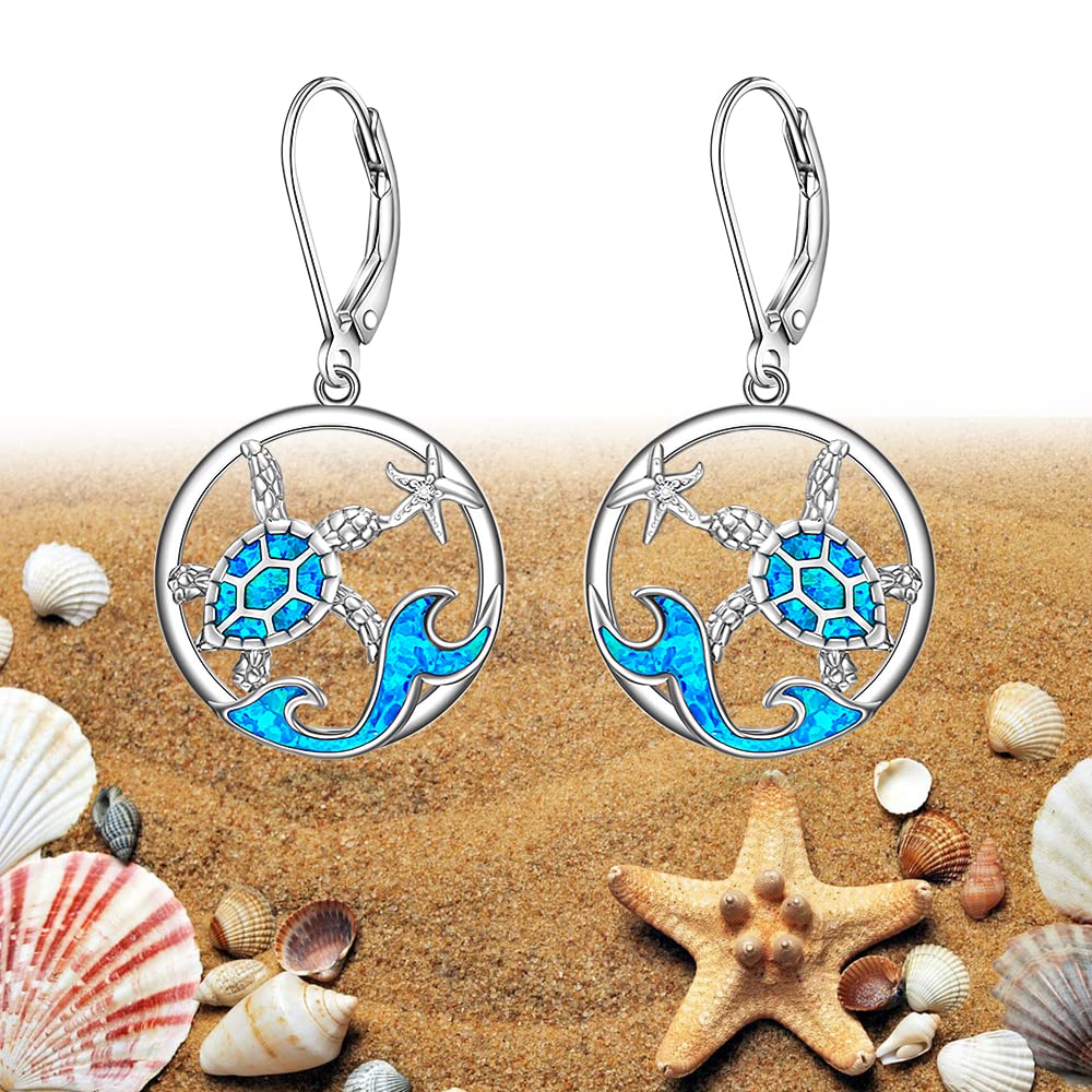 Turtle Earrings for Women Blue Opal Sea Turtle Earrings Dangle Sterling Silver 925 Hawaii Ocean Wave Starfish Jewelry Cute Friendship Mothers Day Christmas Gifts