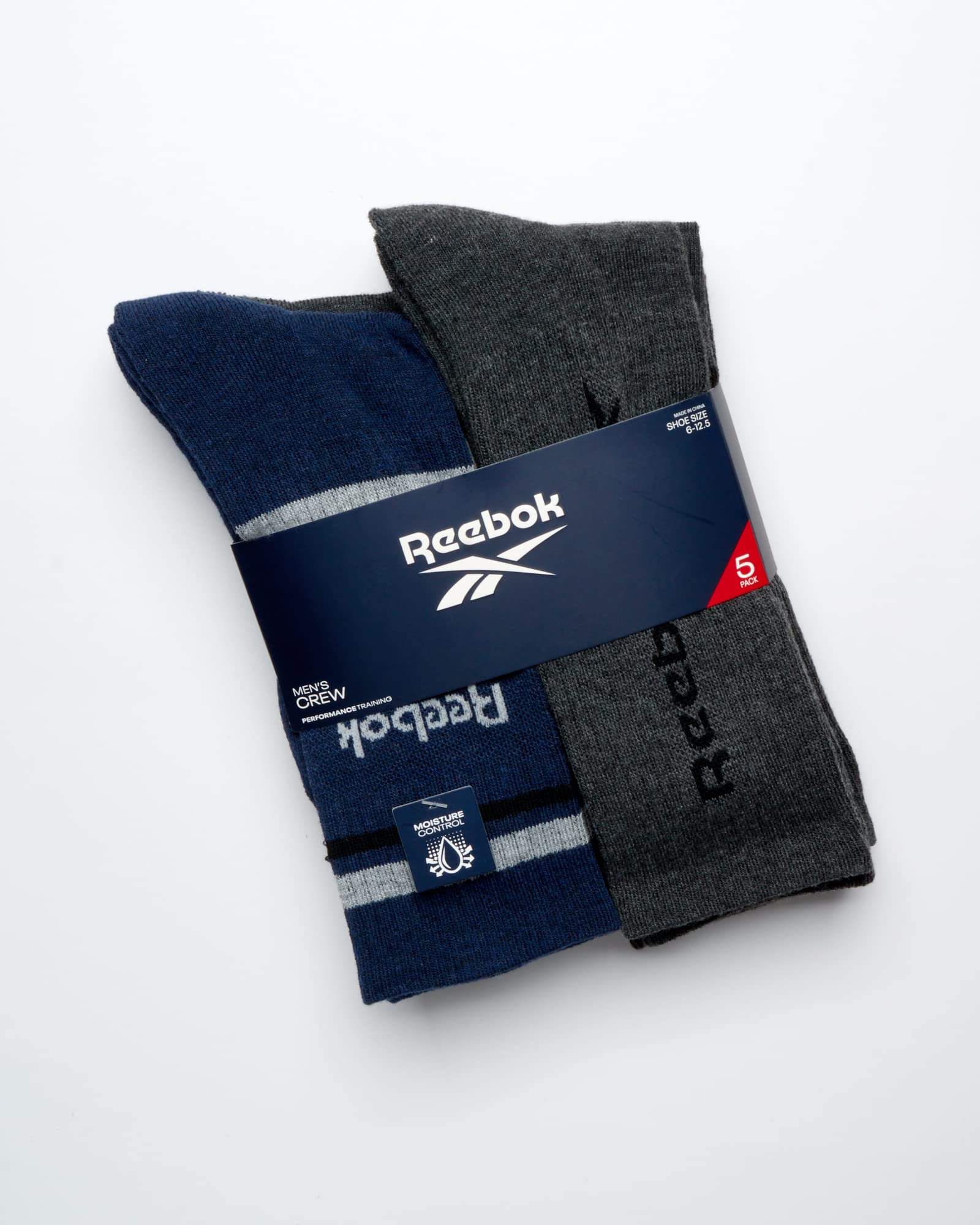 Reebok Men's Crew Socks - 5 Pack Comfort Cushion Performance Crew Socks for Men - Classic Men's Sports Socks (Size: 6-12.5), Size 6-12.5, Navy/Grey