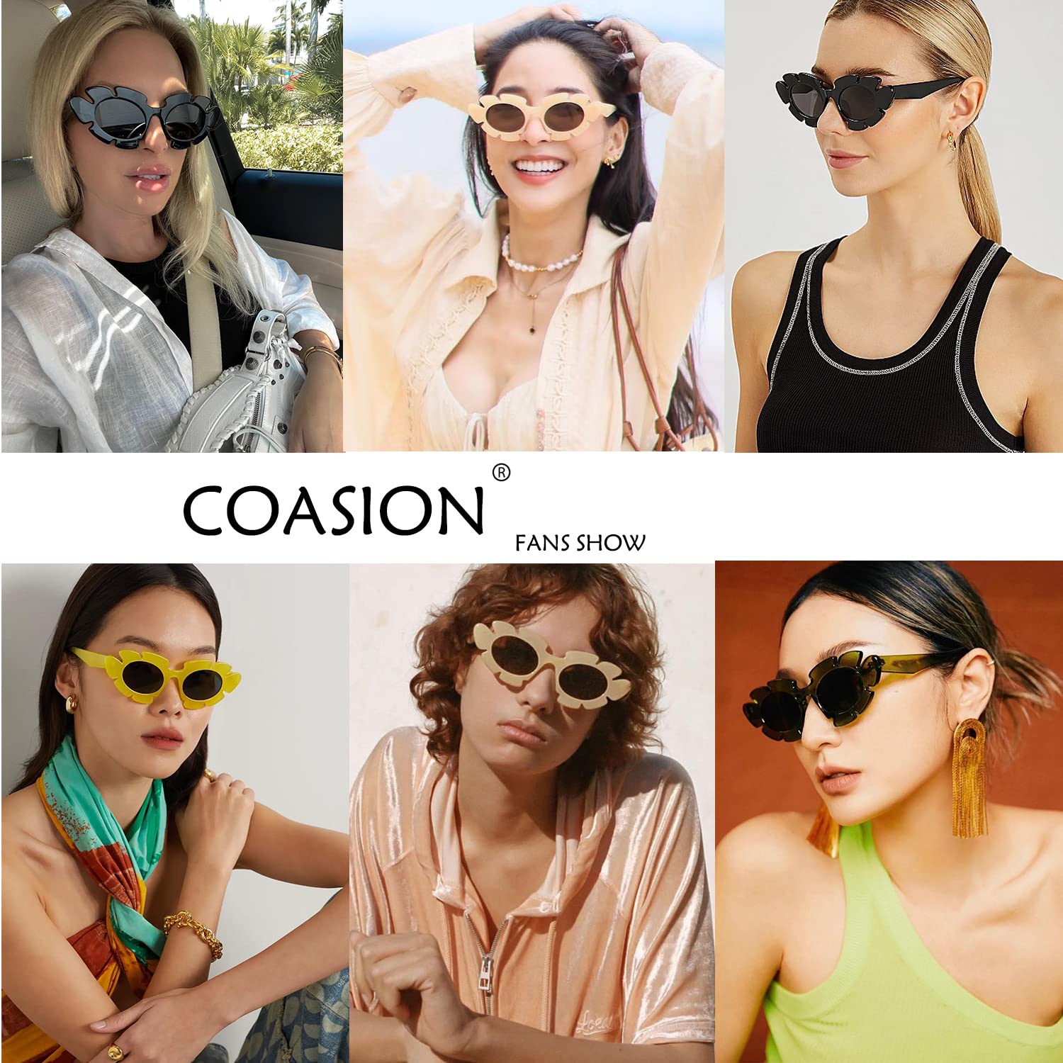 COASION Trendy Cat Eye Flowers Sunglasses for Women Men Retro Fashion Nude Chunky Shades UV400 Protection Sun Glasses (Beige/Light Brown)